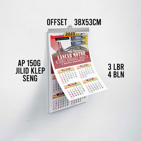 Kalender dinding (38X53cm) Ap 150 offset klep seng- (3 lembar 4 bulanan) | Cathay Digital Printing